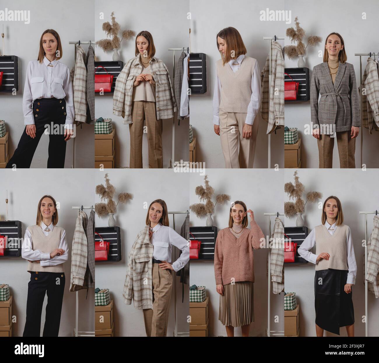 Woman stylist trying on business attire for a capsule wardrobe Stock ...