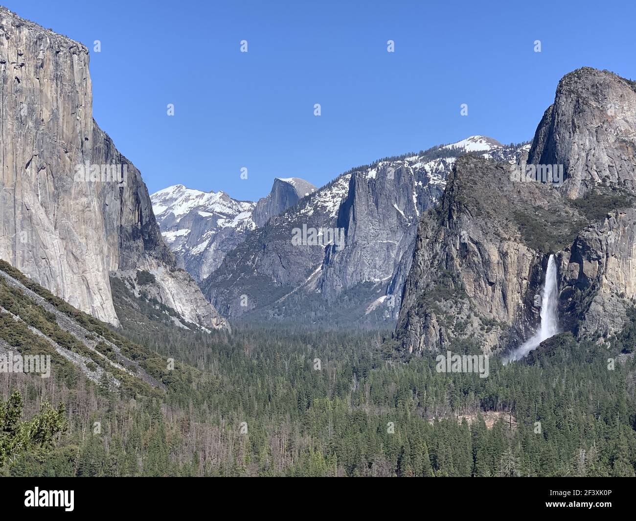 A landscape view of giant granite mountains and pine trees in Yosemite ...