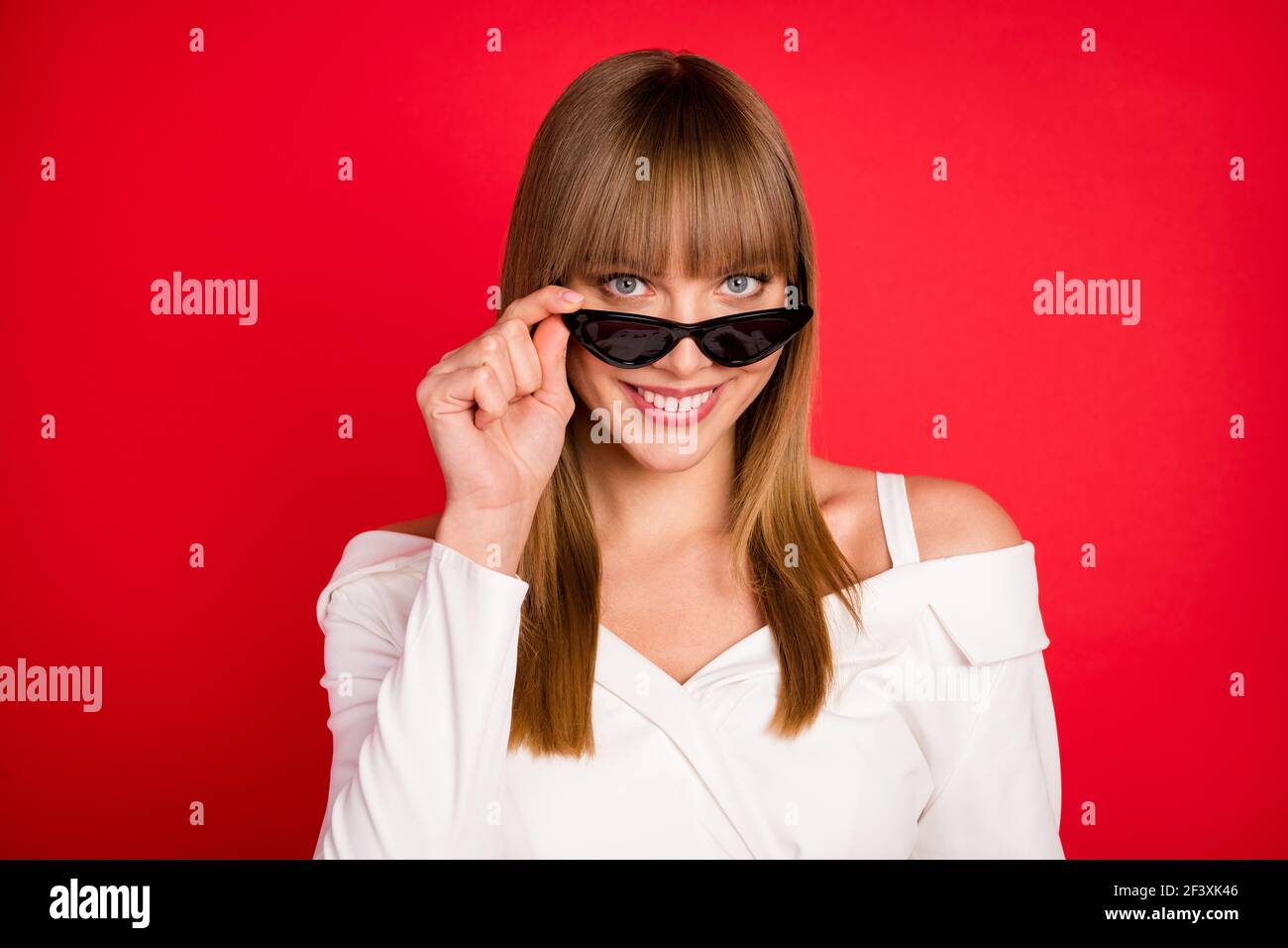 Photo of young attractive woman happy positive smile hand touch ...