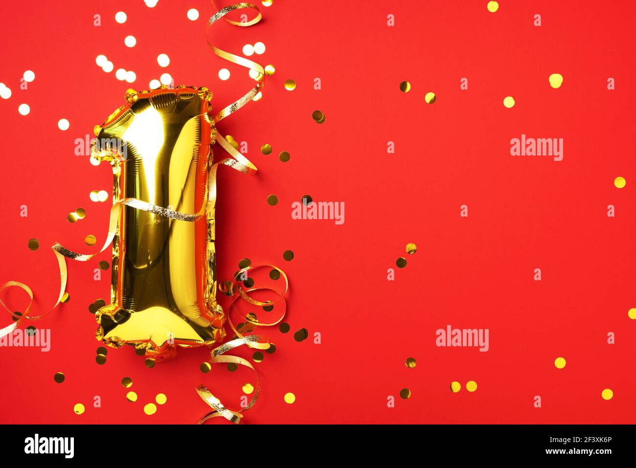 Gold foil balloon number and digit, one 1. Birthday greeting card ...