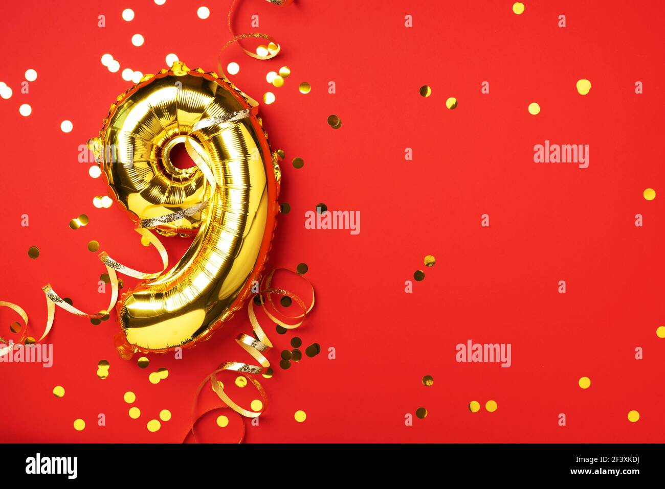 Gold foil balloon number and digit nine 9. Birthday greeting card ...