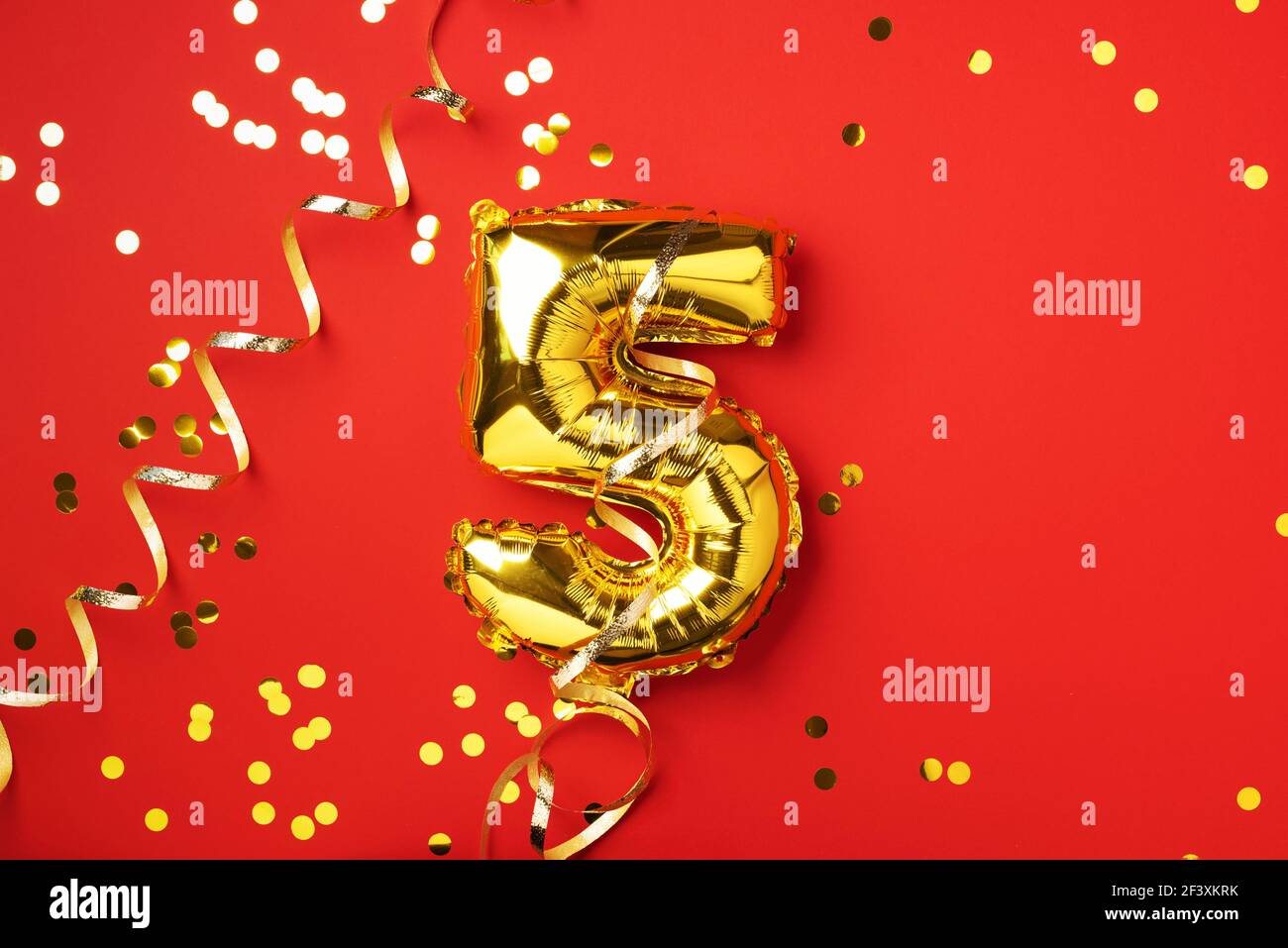 Gold foil balloon number and digit five 5. Birthday greeting card ...