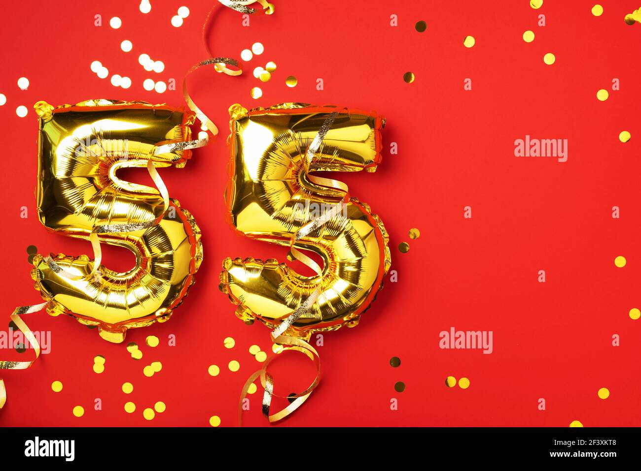 Gold foil balloon number, digit ninety-five. Birthday greeting card with inscription 95 ...