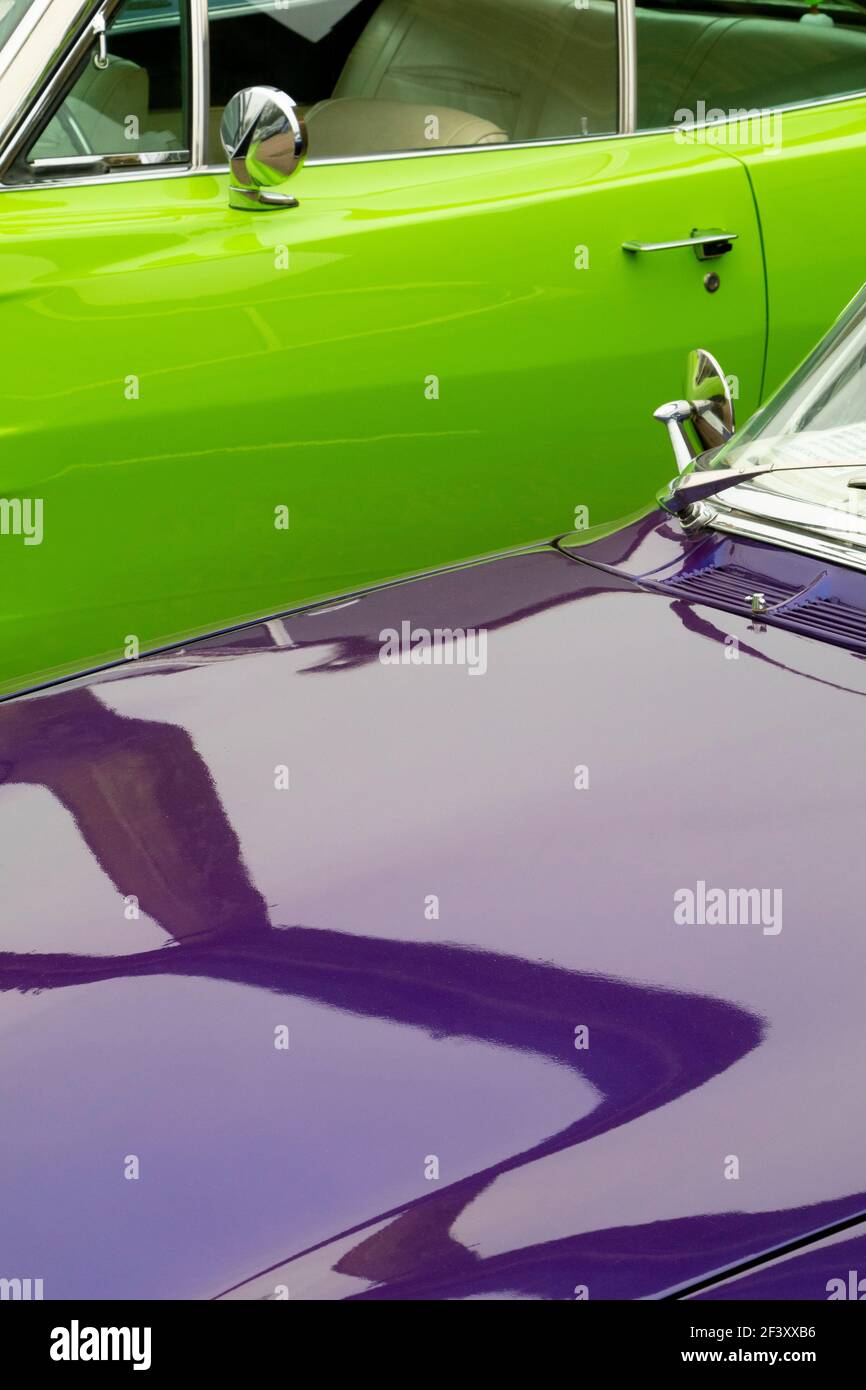 Purple & green car bonnets at the classic car meeting in Lenwade ...