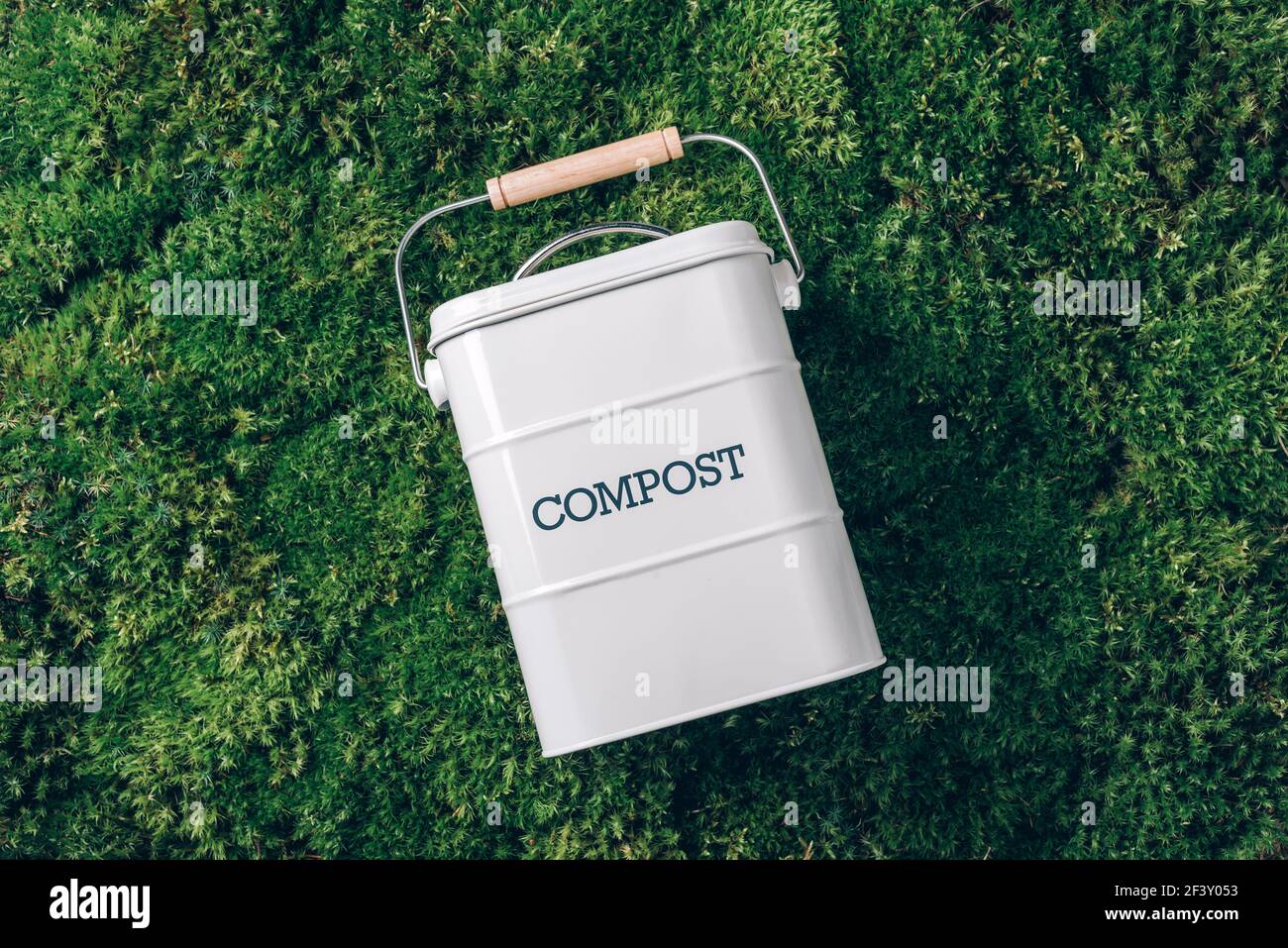Peeled vegetables in white compost bin on green grass, moss background ...