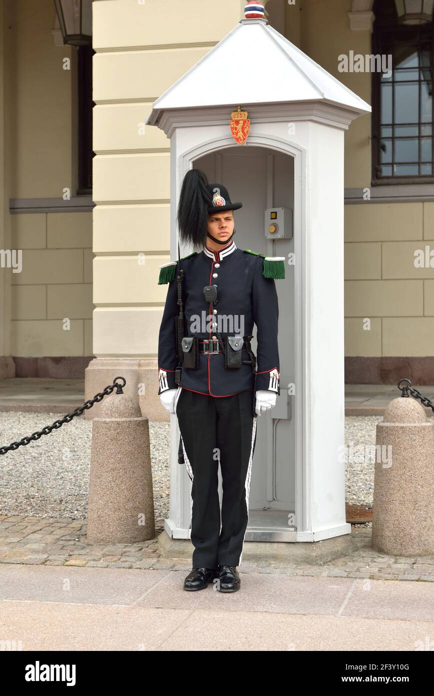 Handsome Royal Guard guarding Royal Palace in Oslo n summer Stock Photo ...