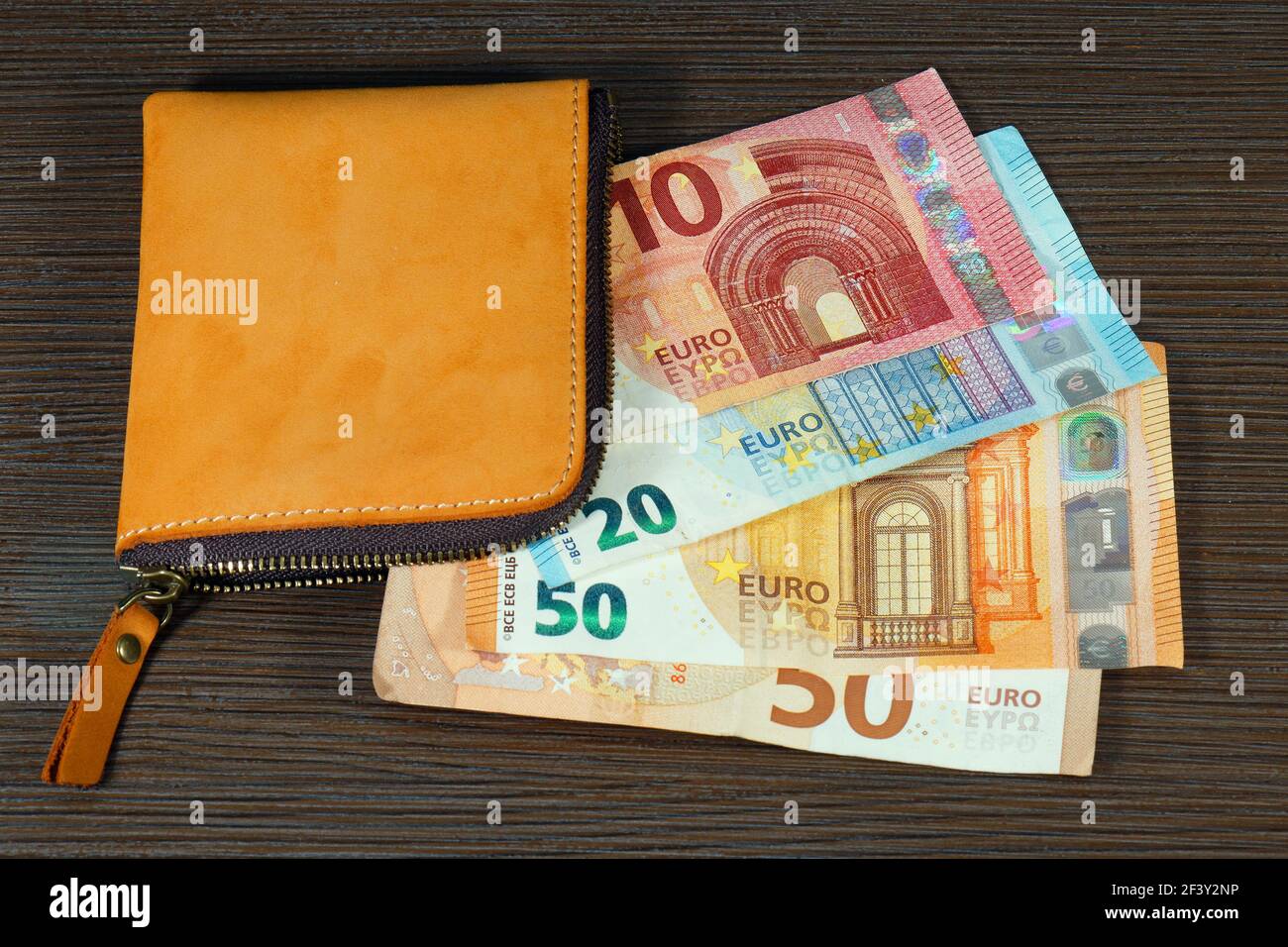 Brown leather wallet with Euro currency paper money bank notes Stock ...