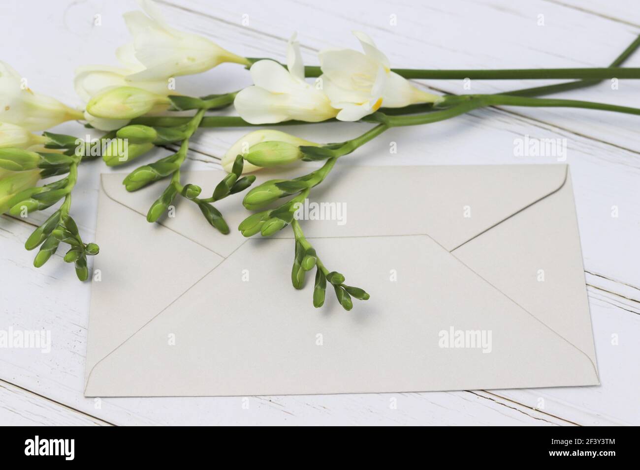 A selective focus shot of white Freesia flowering plants and a letter ...