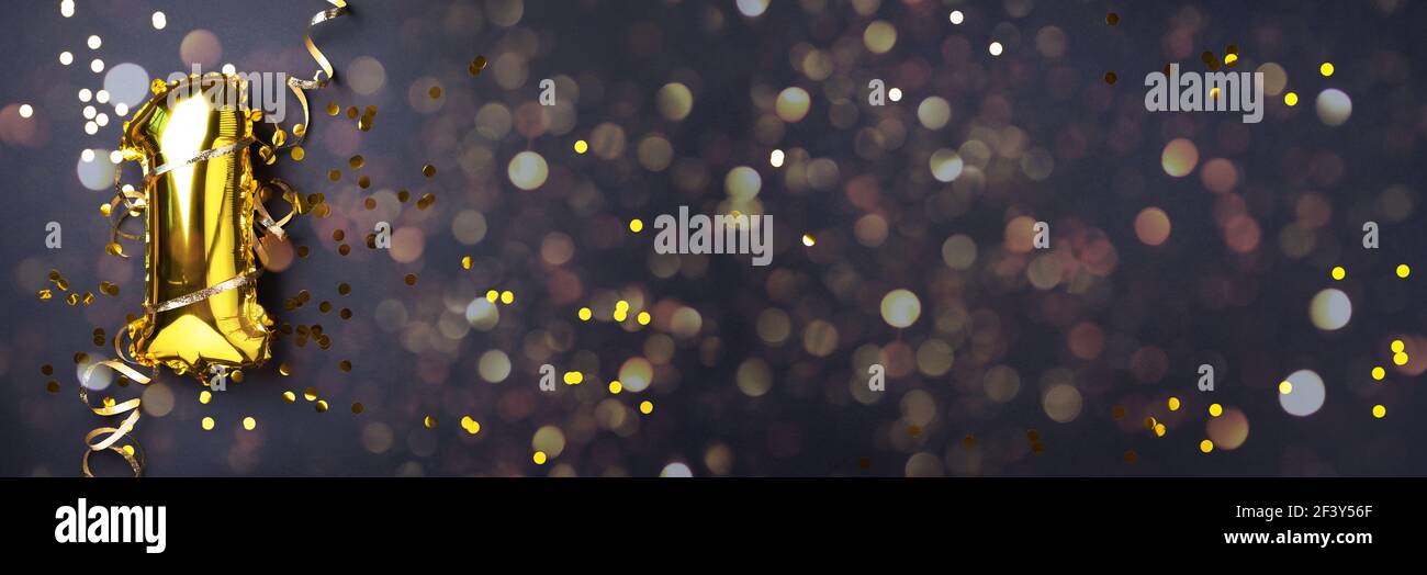 Gold foil balloon number and digit, one 1. Birthday greeting card ...