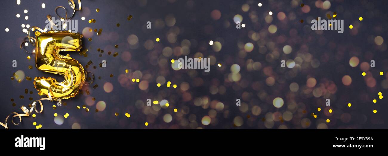 Gold foil balloon number and digit five 5. Birthday greeting card ...