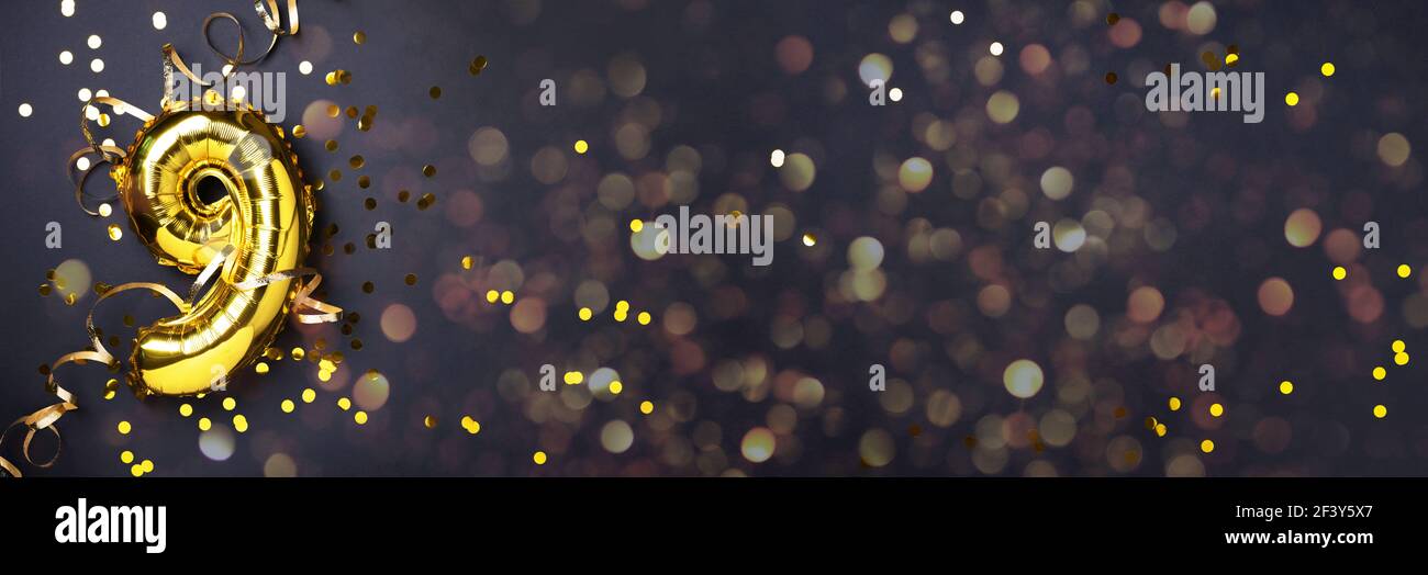 Gold foil balloon number and digit nine 9. Birthday greeting card ...