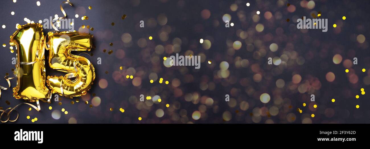 Gold foil balloon number, digit fifteen. Birthday greeting card ...