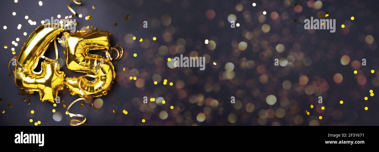 Gold foil balloon number, digit forty-five. Birthday greeting card with inscription 45 ...
