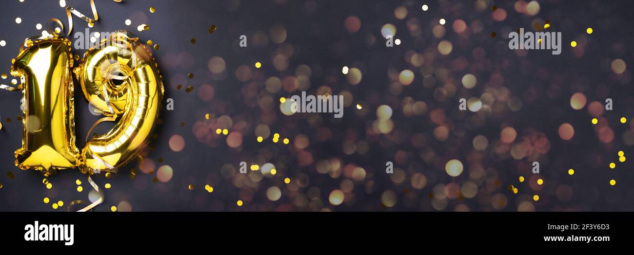 Gold foil balloon number, digit nineteen. Birthday greeting card, inscription 19. Anniversary ...
