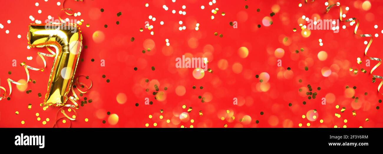 Gold foil balloon number and digit seven 7. Birthday greeting card ...