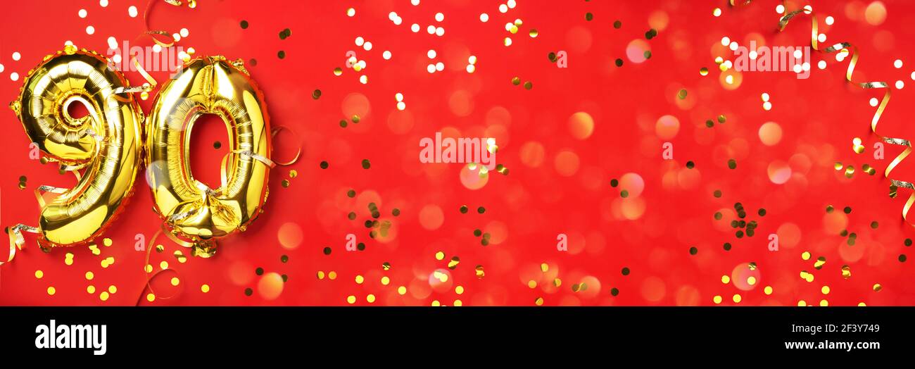 Gold foil balloon number, digit ninety. Birthday greeting card with inscription 90. Anniversary ...