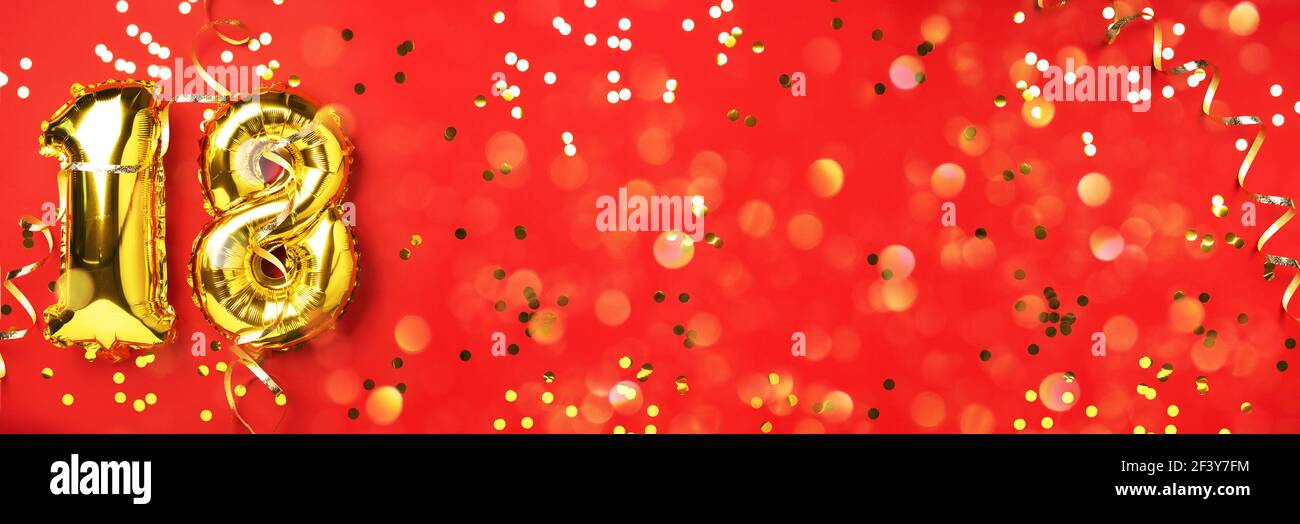 Gold foil balloon number, digit eighteen. Birthday greeting card ...