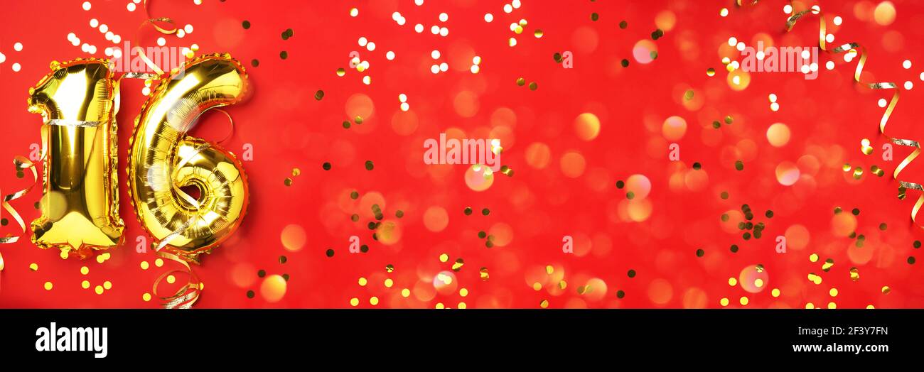 Gold foil balloon number, digit sixteen. Birthday greeting card ...