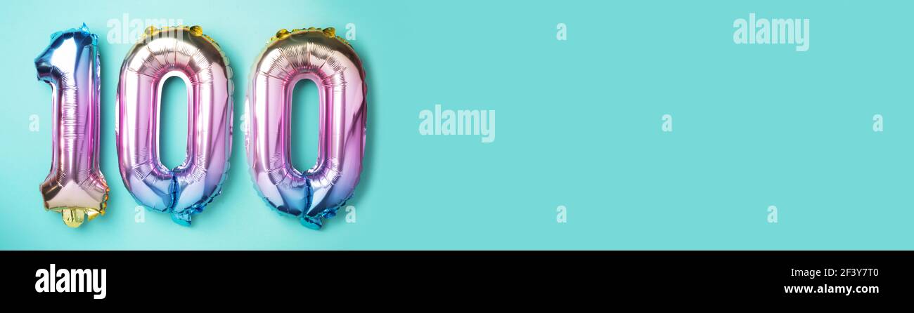 Rainbow foil balloon number, digit one hundred. Birthday greeting card ...