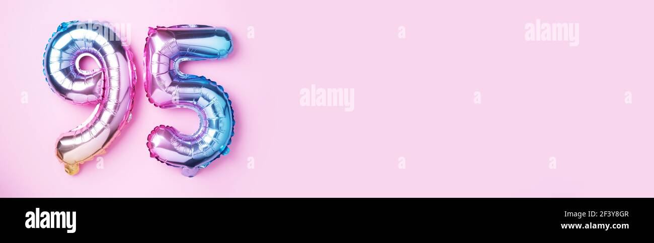 Rainbow foil balloon number, digit ninety-five. Birthday greeting card with inscription 95 ...