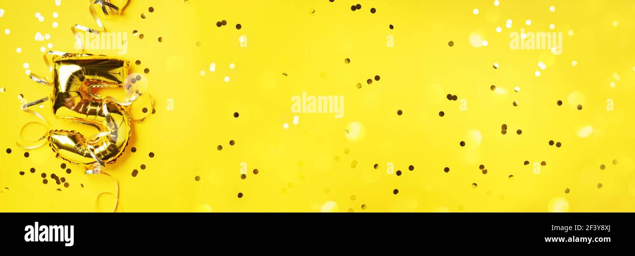 Gold foil balloon number and digit five 5. Birthday greeting card ...