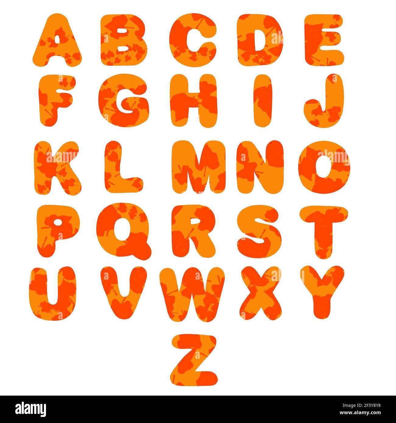 The English alphabet in orange with autumn leaves, on a white ...