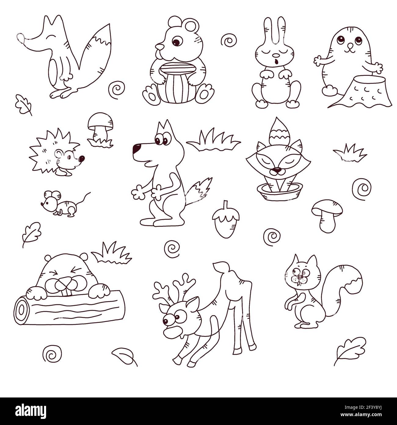 An illustration of cartoon doodles of different wild animals on a white ...