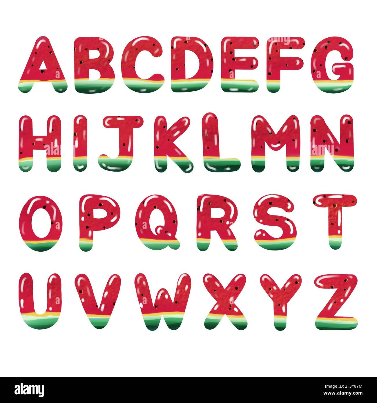 The English alphabet in the colors of watermelon on a white background ...