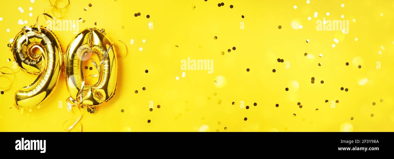 Gold foil balloon number, digit ninety. Birthday greeting card, inscription 90. Anniversary ...