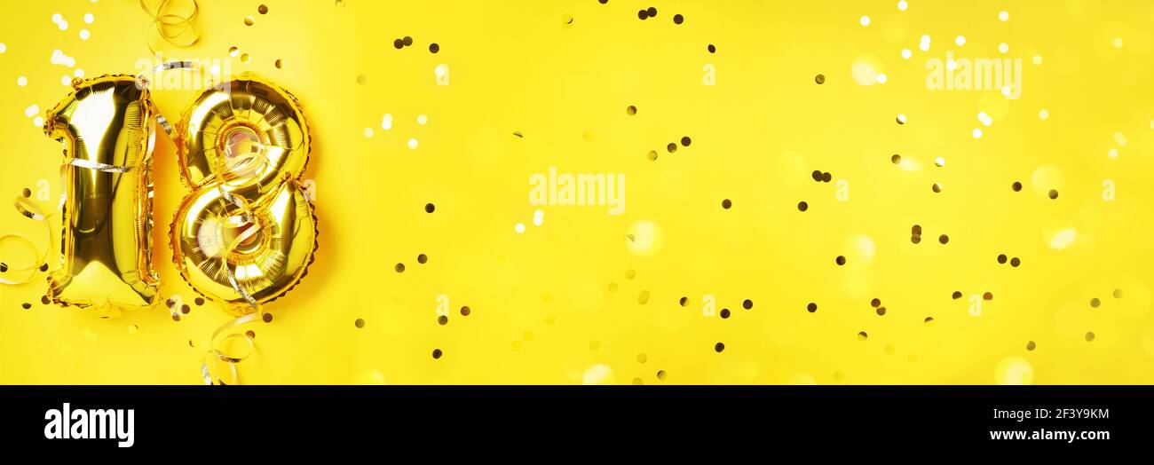 Gold foil balloon number, digit eighteen. Birthday greeting card ...