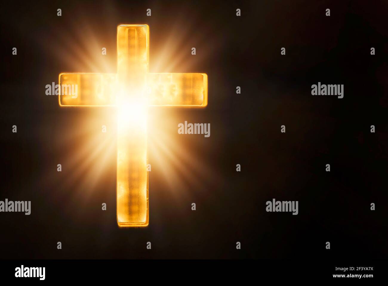 Christian cross with lights, bokeh on black background. Copy space ...