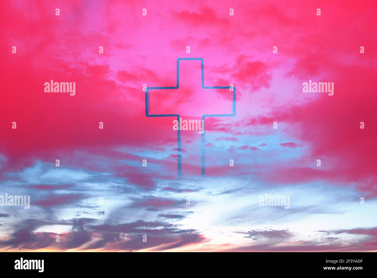 Silhouette of christian cross on pink background, soft bokeh lights ...
