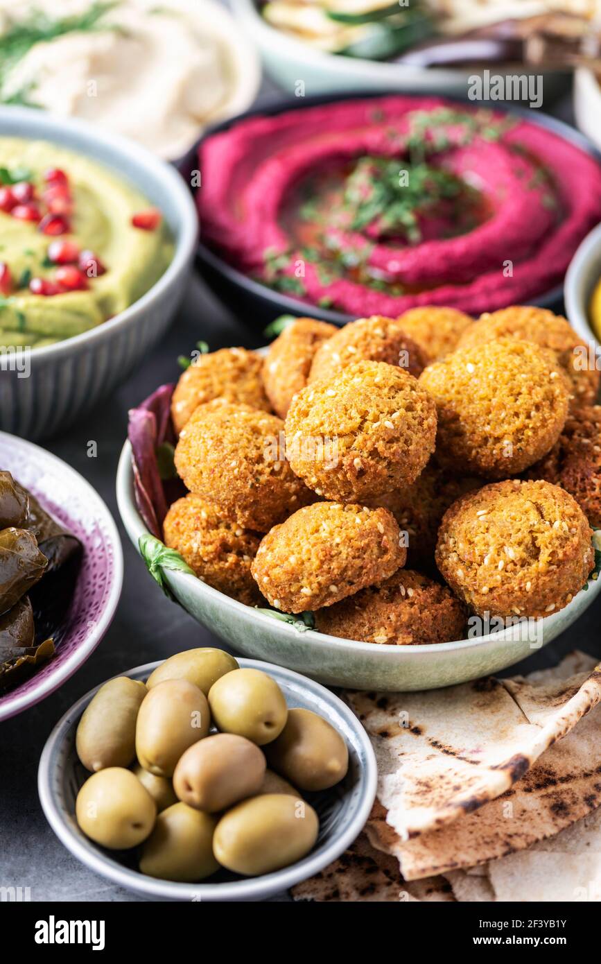 Arabic traditional cuisine. Middle Eastern meze with pita, olives ...