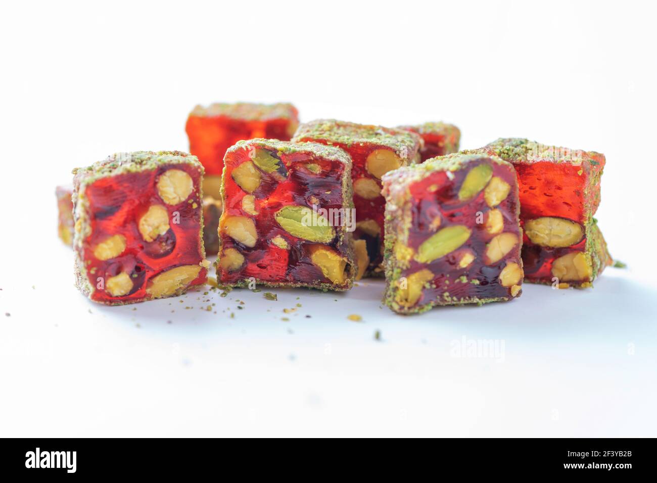 Turkish delight with pistachios on grey background. Copy space ...