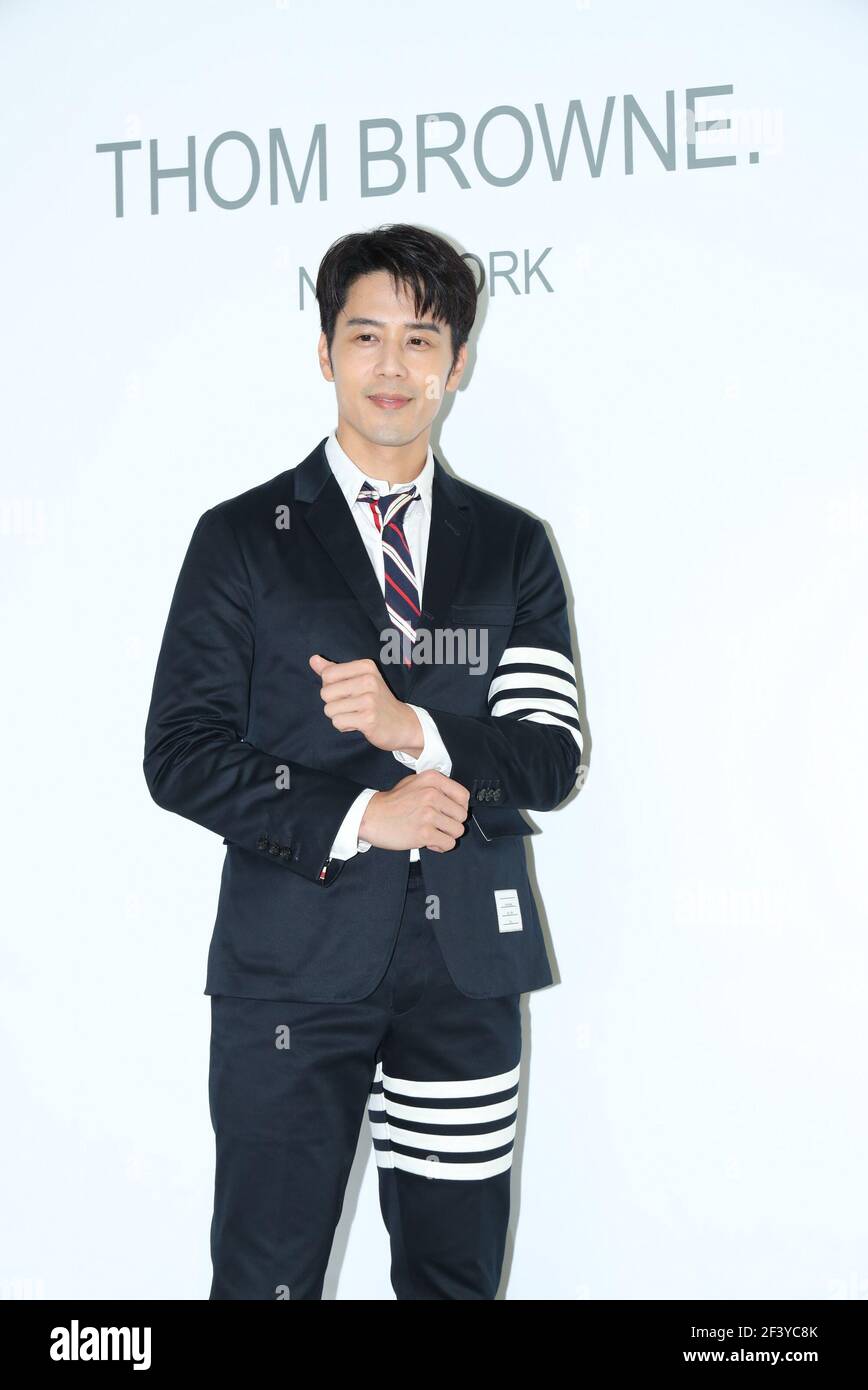George Hu attends a promotional conference for Thom Browne clothing ...