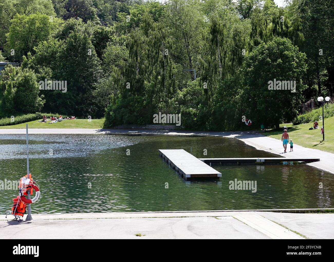 Swimmer in the outdoor pool Tinnerbäcksbadet, Tinnis, in central ...