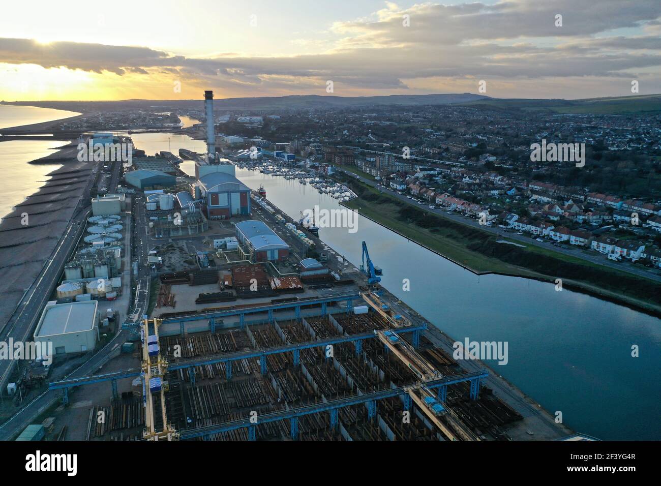 Aerial view of Shoreham Docks, Industrial area in Brighton and Hove ...