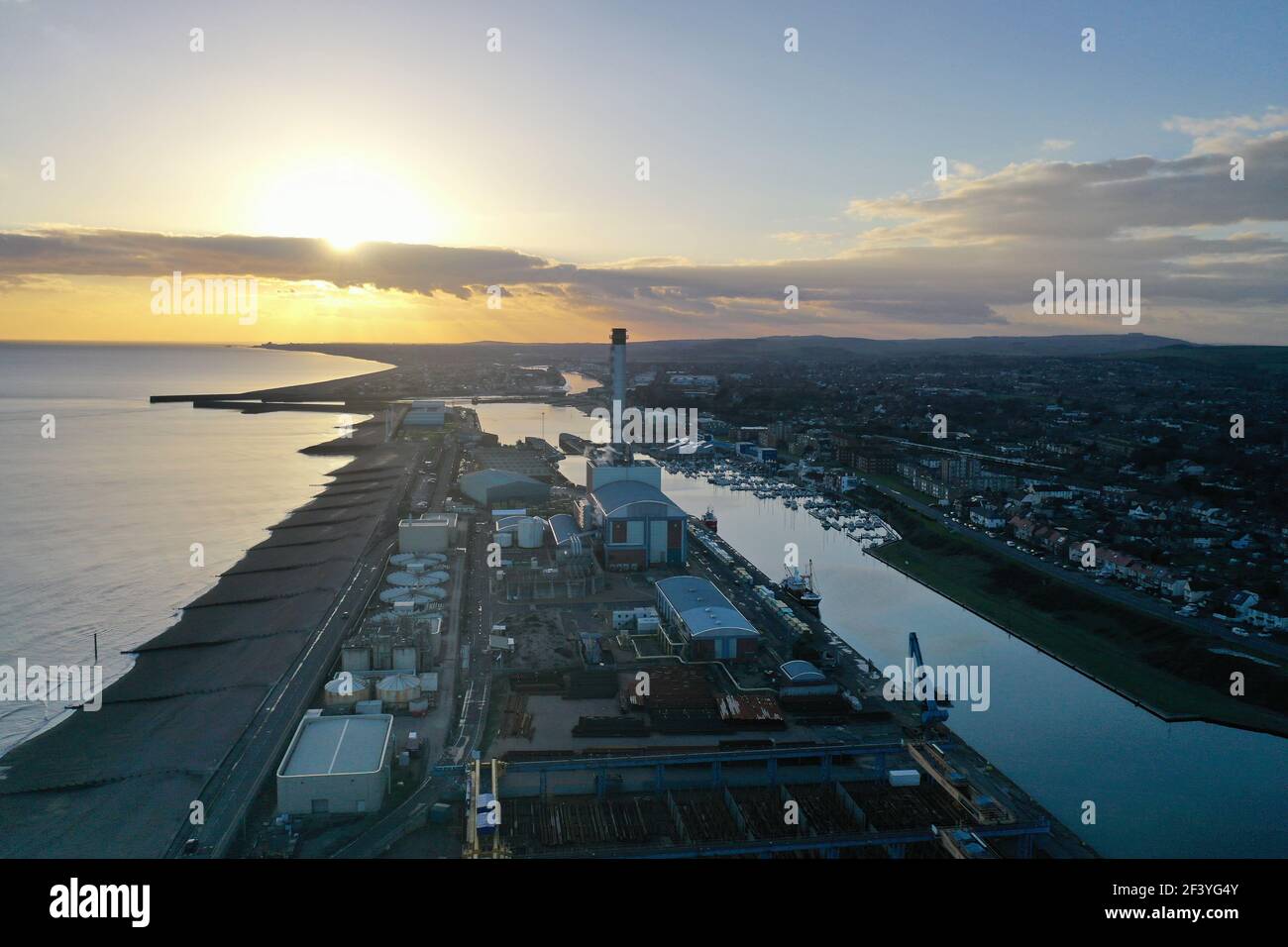 Aerial view of Shoreham Docks, Industrial area in Brighton and Hove ...