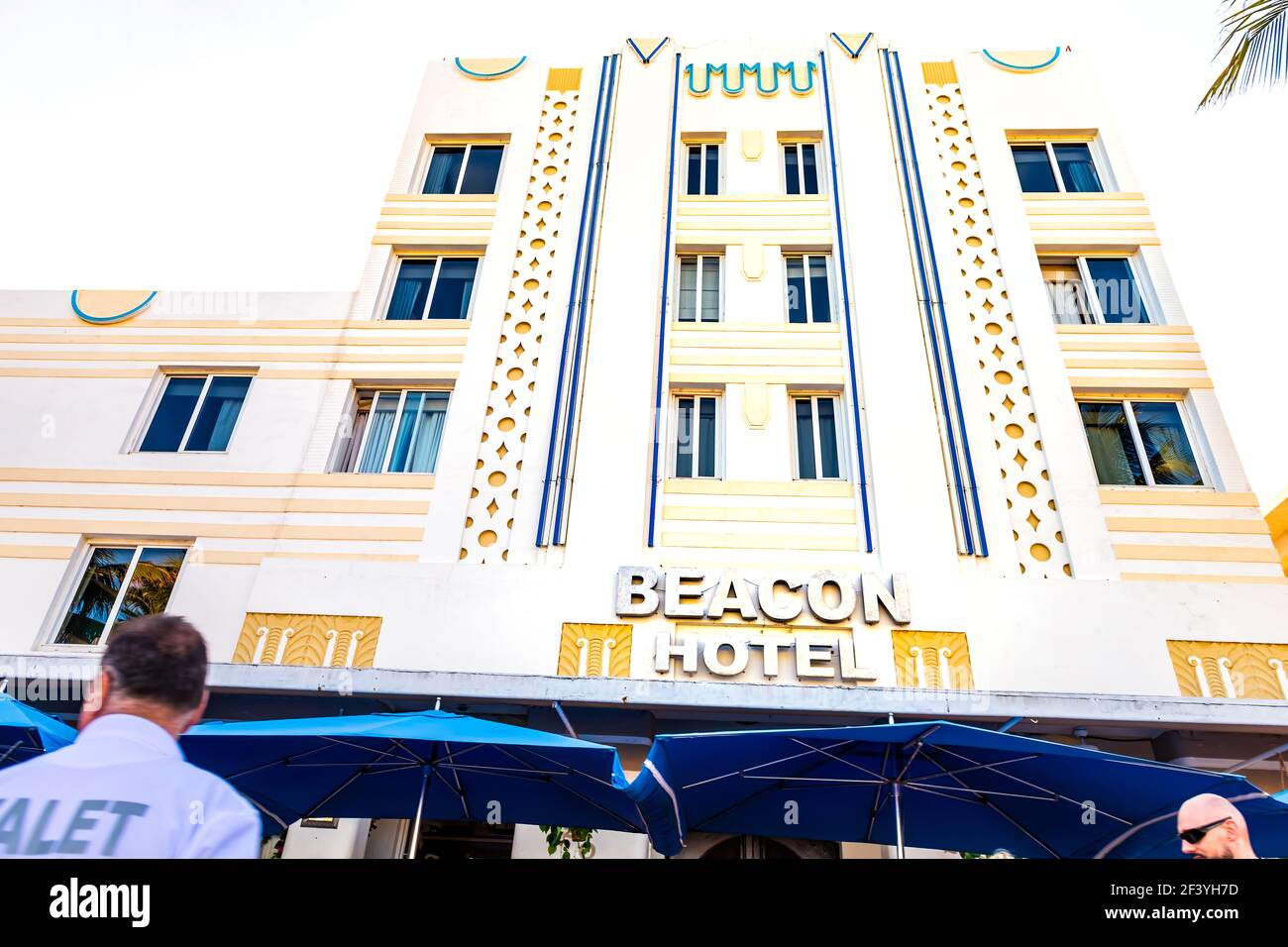 Miami Beach, USA - May 5, 2018: Looking up view on Art Deco district ...