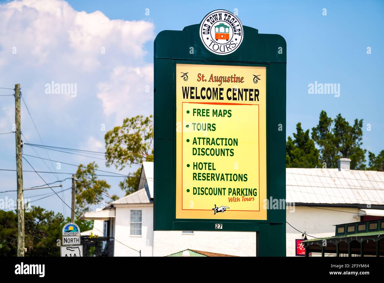 St. Augustine, USA - May 10, 2018: Welcome center direction sign for ...