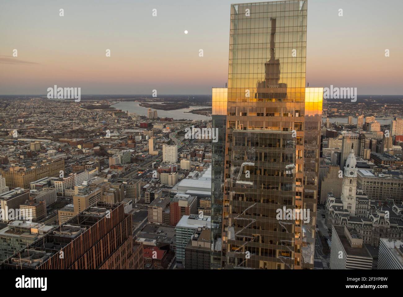 Full moon rising over Philadelphia skyline from the top of the Four ...