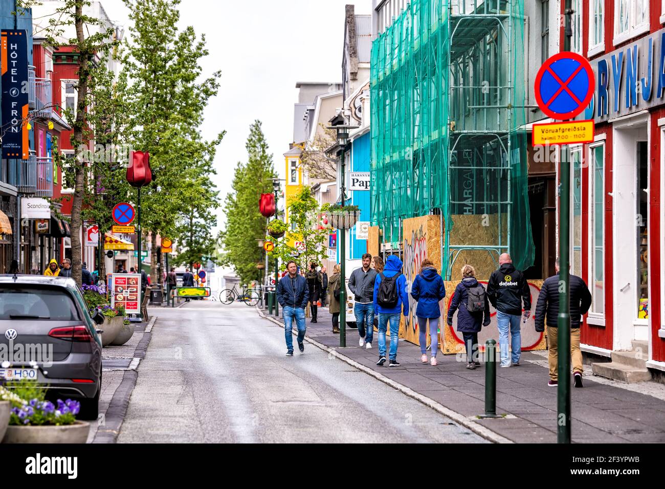Reykjavik, Iceland - June 19, 2018: Wet Laugavegur street road sidewalk ...