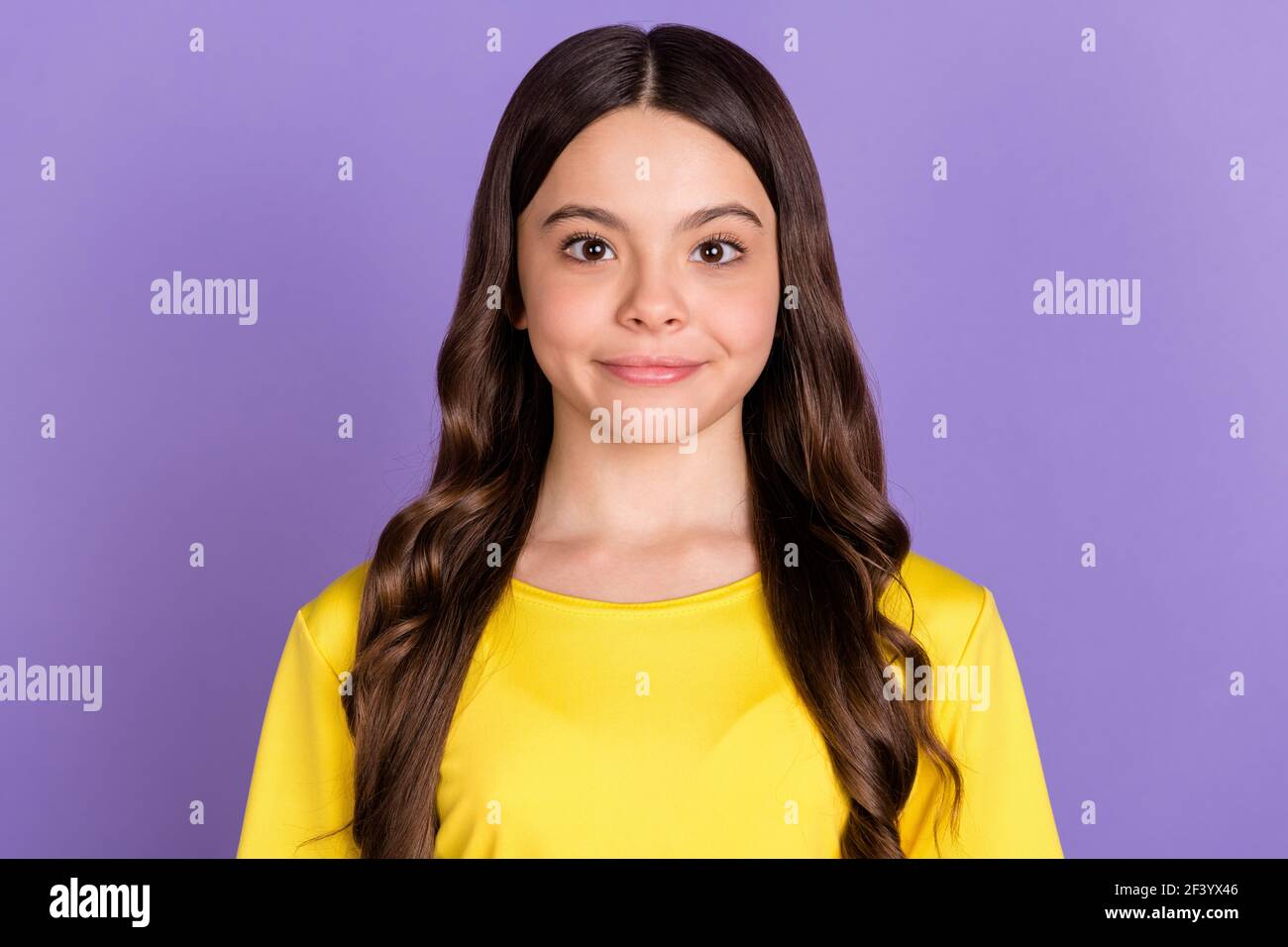 Portrait of nice optimistic brunette hairdo girl wear yellow t-shirt ...