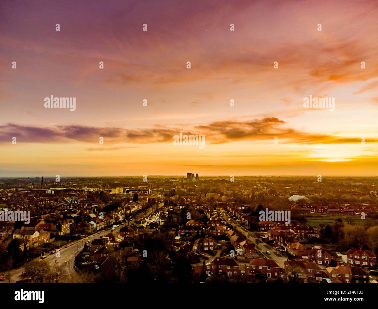 Aerial view of York skyline, looking south west at sunset with York ...