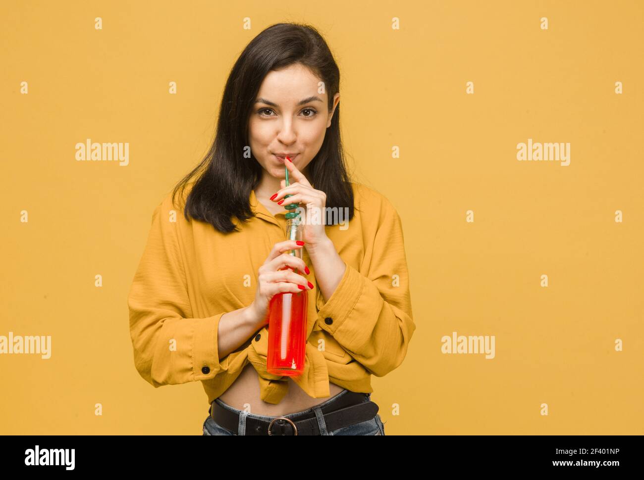 Concept photo of sweet female is drinking cocktails, summertime. Wears ...