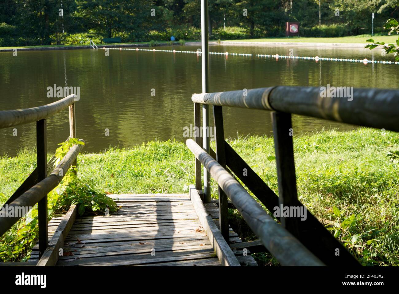 Natural swimming pool in the forest in Bavaria in summer photographed ...