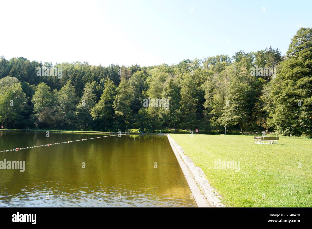 Natural swimming pool in the forest in Bavaria in summer photographed ...