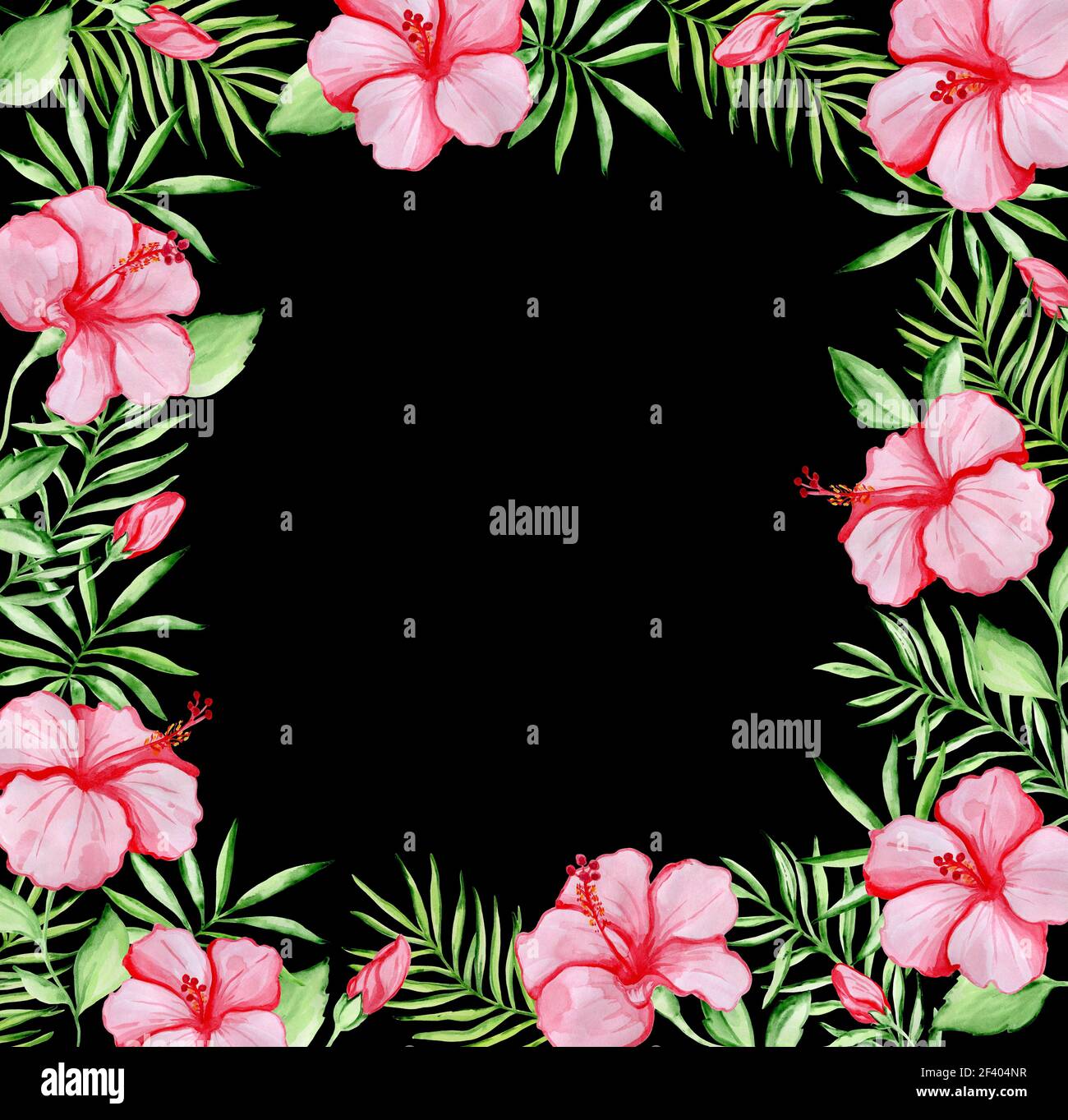 Watercolor tropical floral frame with red hibiscus flowers and green ...