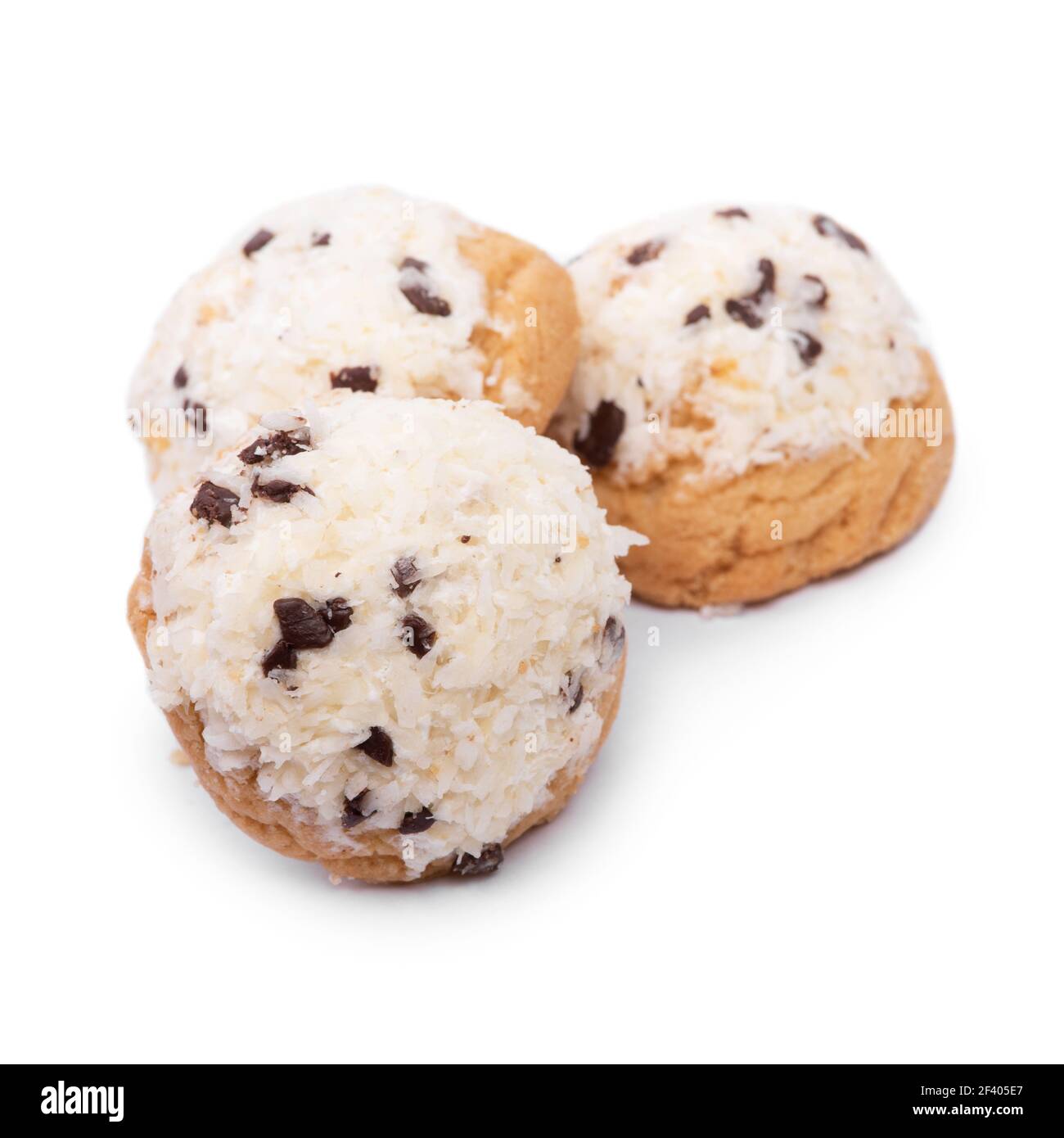 Confectionery with coconut flakes and chocolate chips isolated over ...