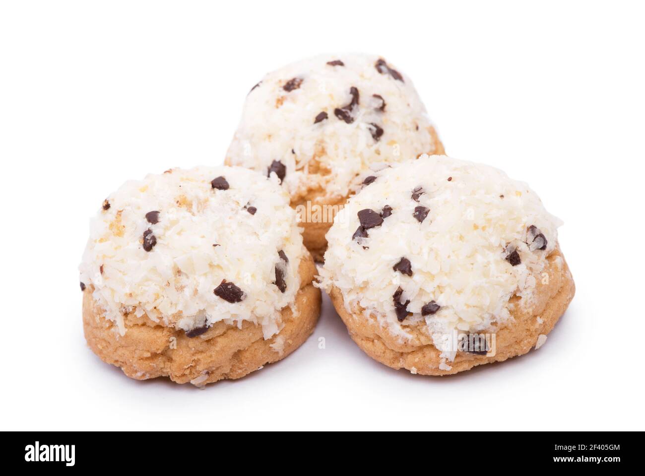 Confectionery with coconut flakes and chocolate chips isolated over ...